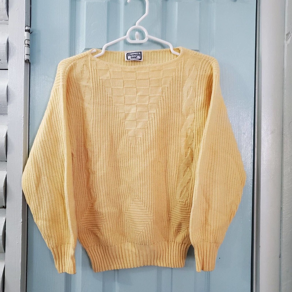 Vintage Yellow Knit Sweater Spring Pastel Women's Med… - Gem